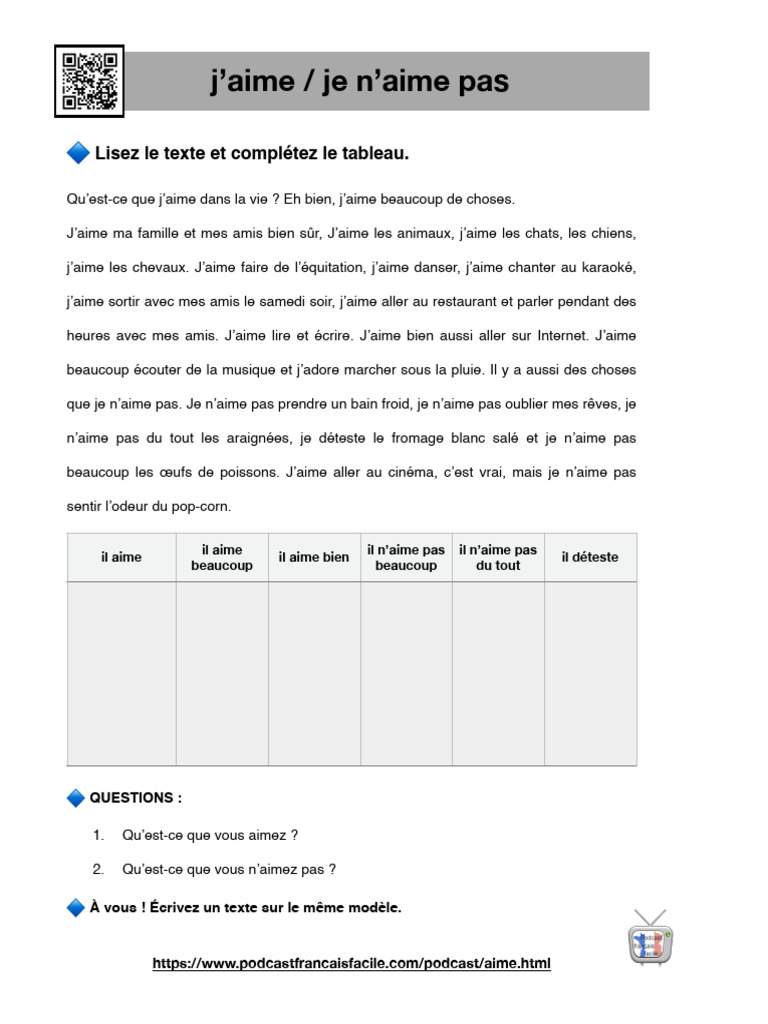 J'aime / Je n'aime pas : Exemples et exercices | PDF | Poésie