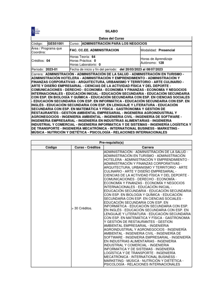 Z3. Administración para Los Negocios 2023-I (1) Silabo | PDF ...