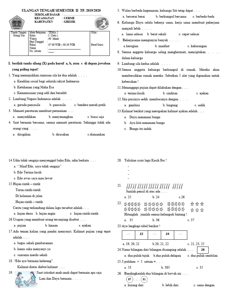 SOAL UTS TEMA 5 KELAS 1 SMT 2 2019 2020 | PDF