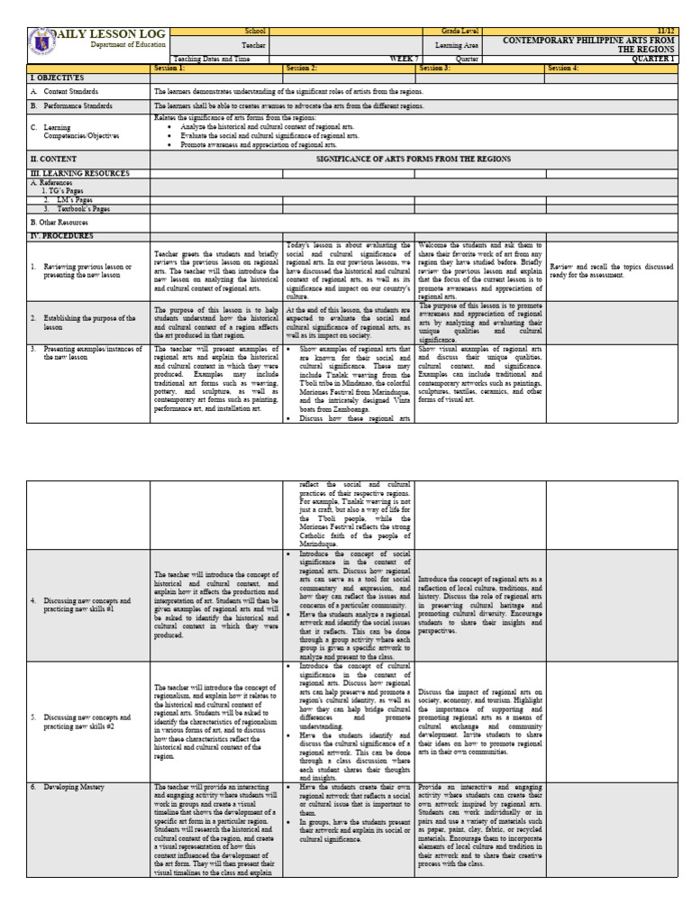 Cpar Q1 Week7 | PDF | The Arts | Teachers