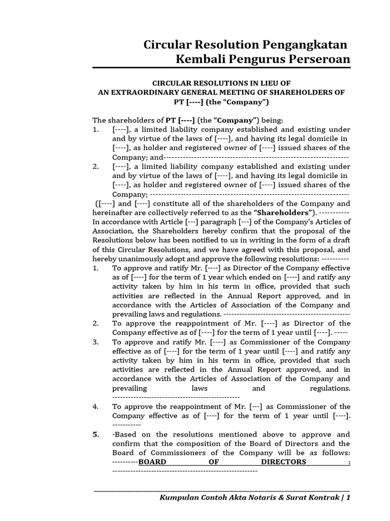 Circular Resolution Pengangkatan Kembali Pengurus Perseroan | PDF ...