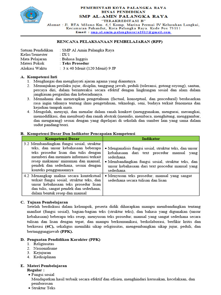 RPP Procedure Text Kelas Ix | PDF