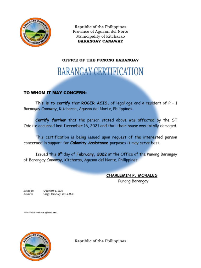 Certificate For Odette | PDF | Typhoon | Philippines Certificate For Odette | PDF | Typhoon | Philippines