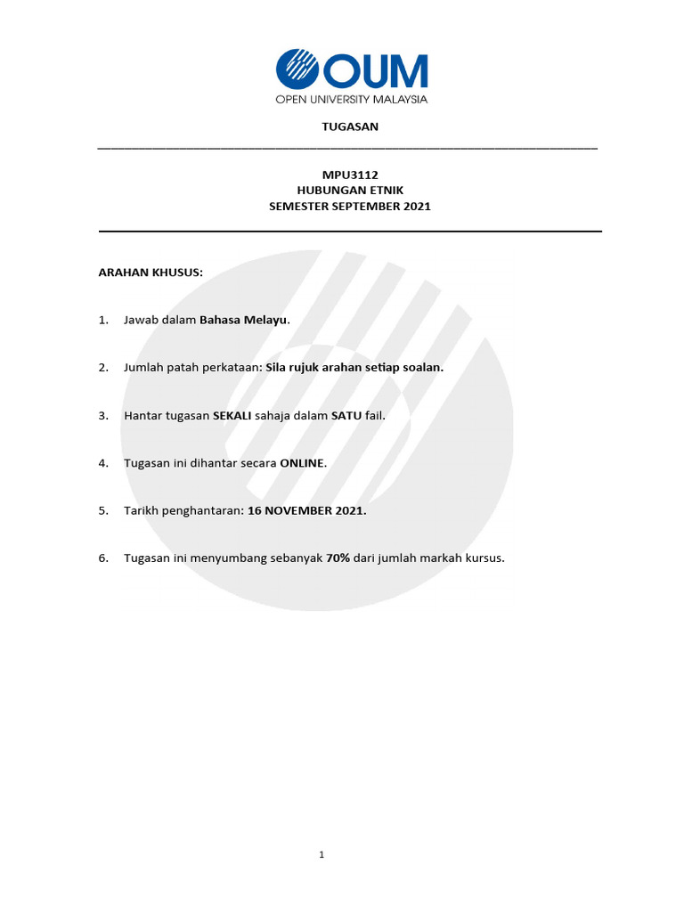 Tugasan MPU3112 Hubungan Etnik Semester September 2021 | PDF