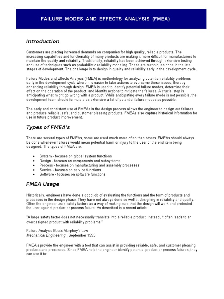 Failure Modes and Effects Analysis (Fmea) : Mechanical Engineering, September 1993 | PDF ...
