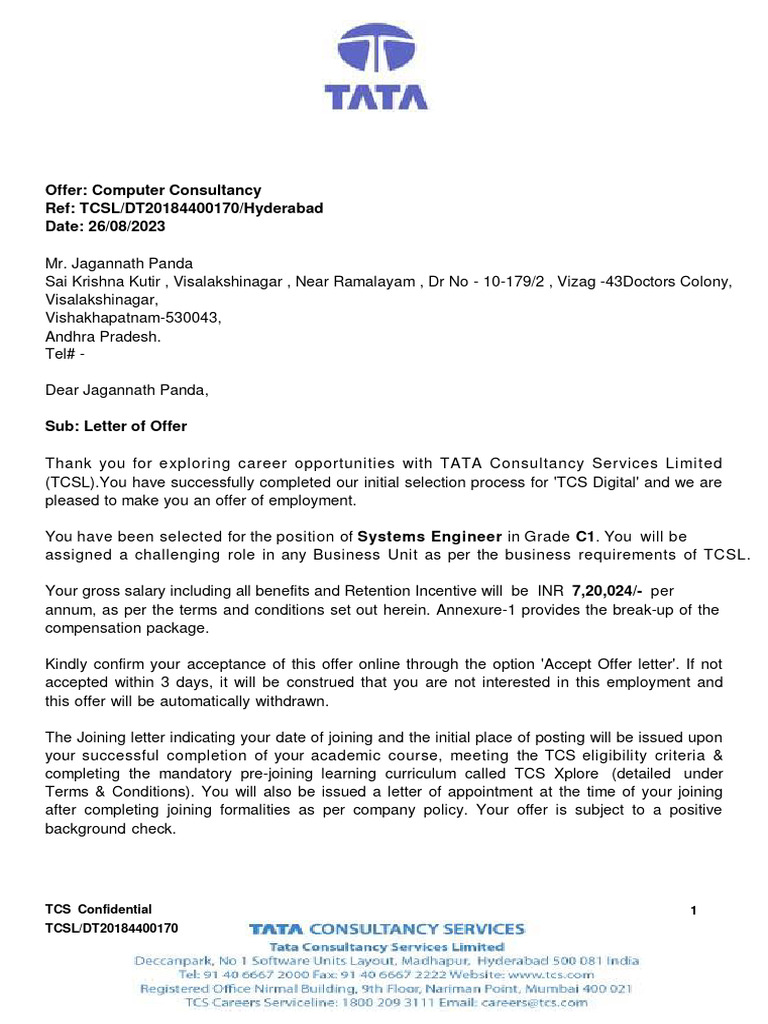 Mr. Jagannath Panda Tcs Offerletter | PDF | Intellectual Property ...