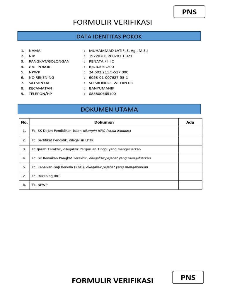 Ceklist Berkas Baru 2021 PNS PAI | PDF