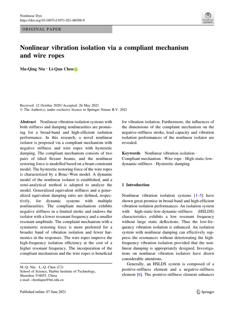 Nonlinear Vibration Isolation Via A Compliant Mechanism and Wire Ropes ...