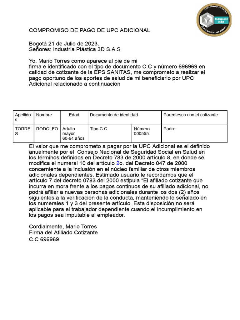 Compromiso de Pago de Upc Adicional | PDF