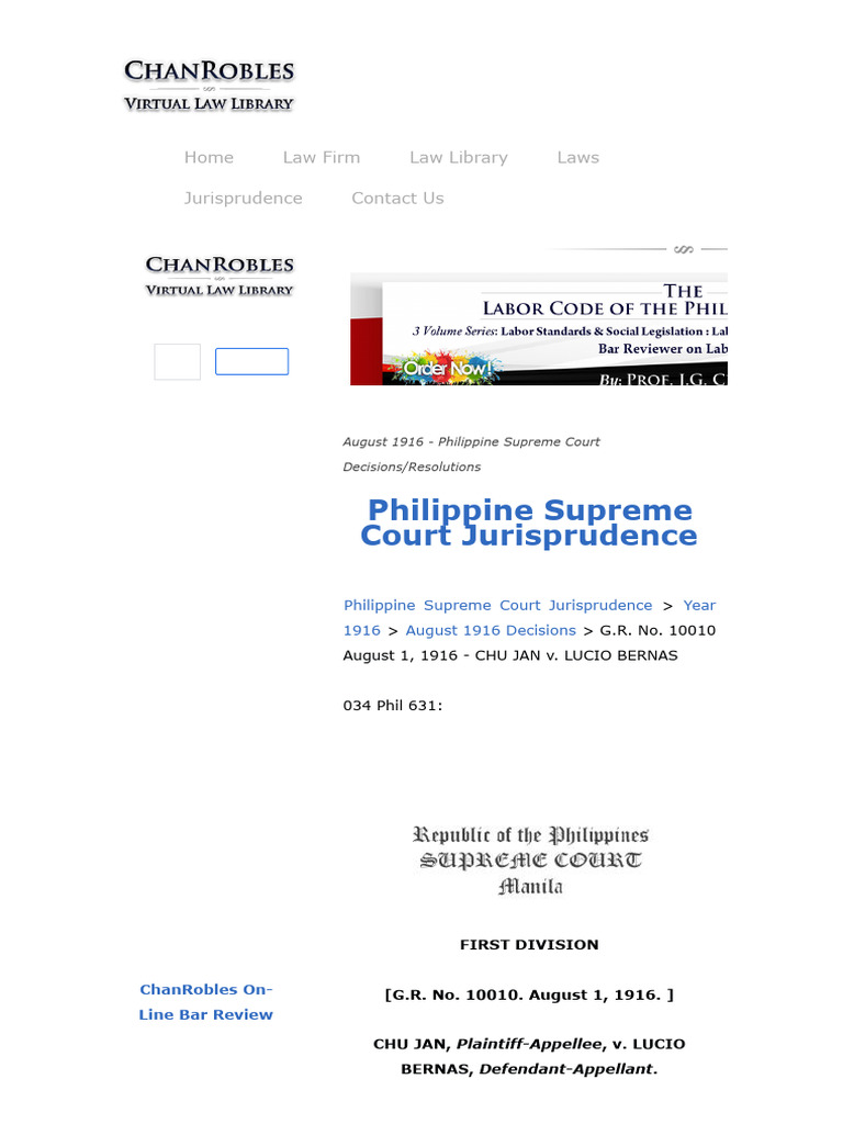 Chu Jan vs. Bernas, 34 Phil 631 (1916) | PDF | Judgment (Law) | Lawsuit