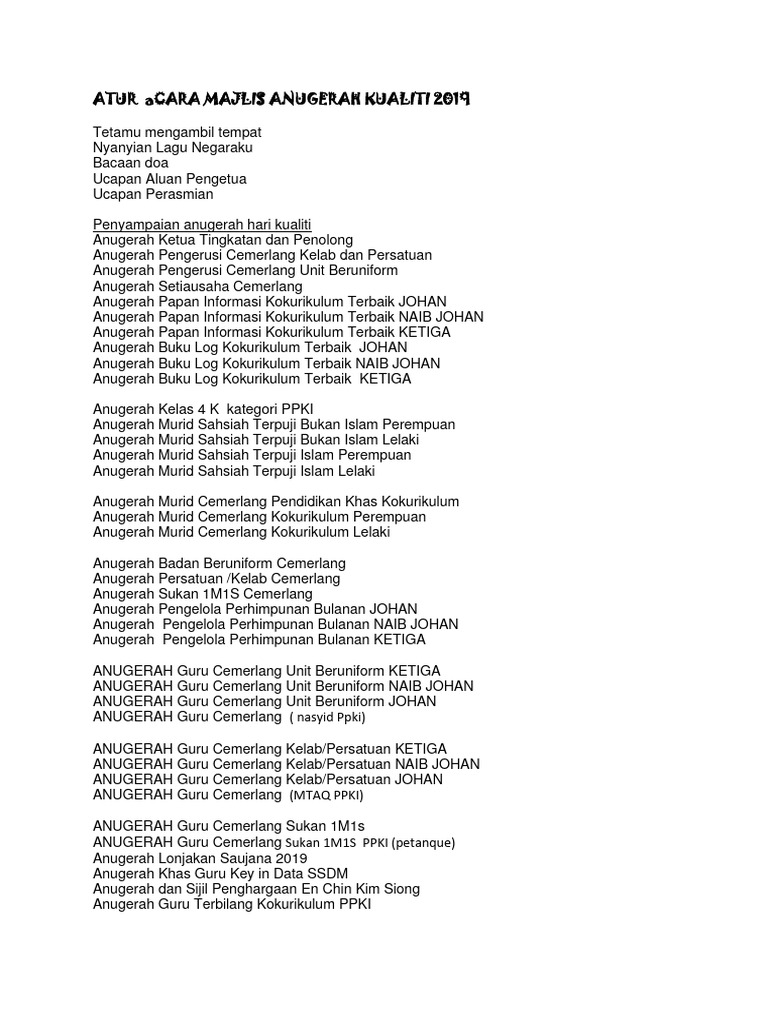 Aturcara Majlis Anugerah Kualiti 2019 | PDF