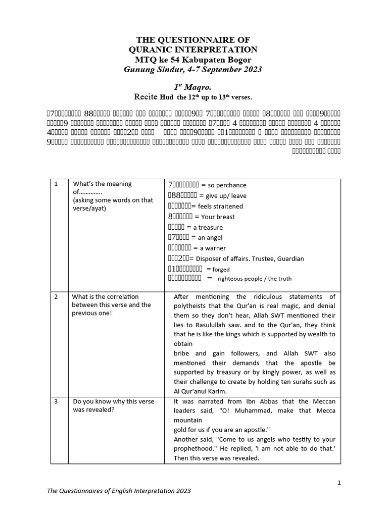 Quranic Interpretation Questionnaire 2023 | PDF | Prophets And Messengers In Islam | Quran