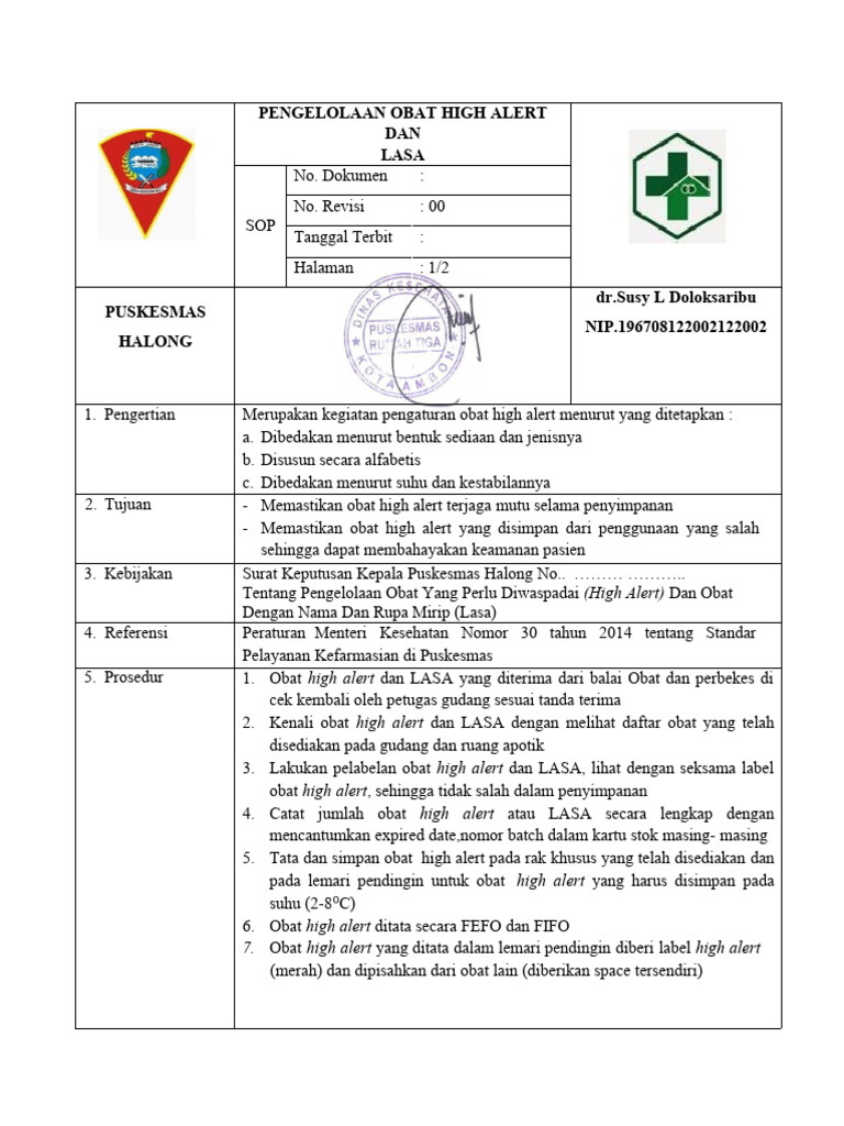 SOP pengelolaan obat HIGH ALERT 2022 (1) | PDF