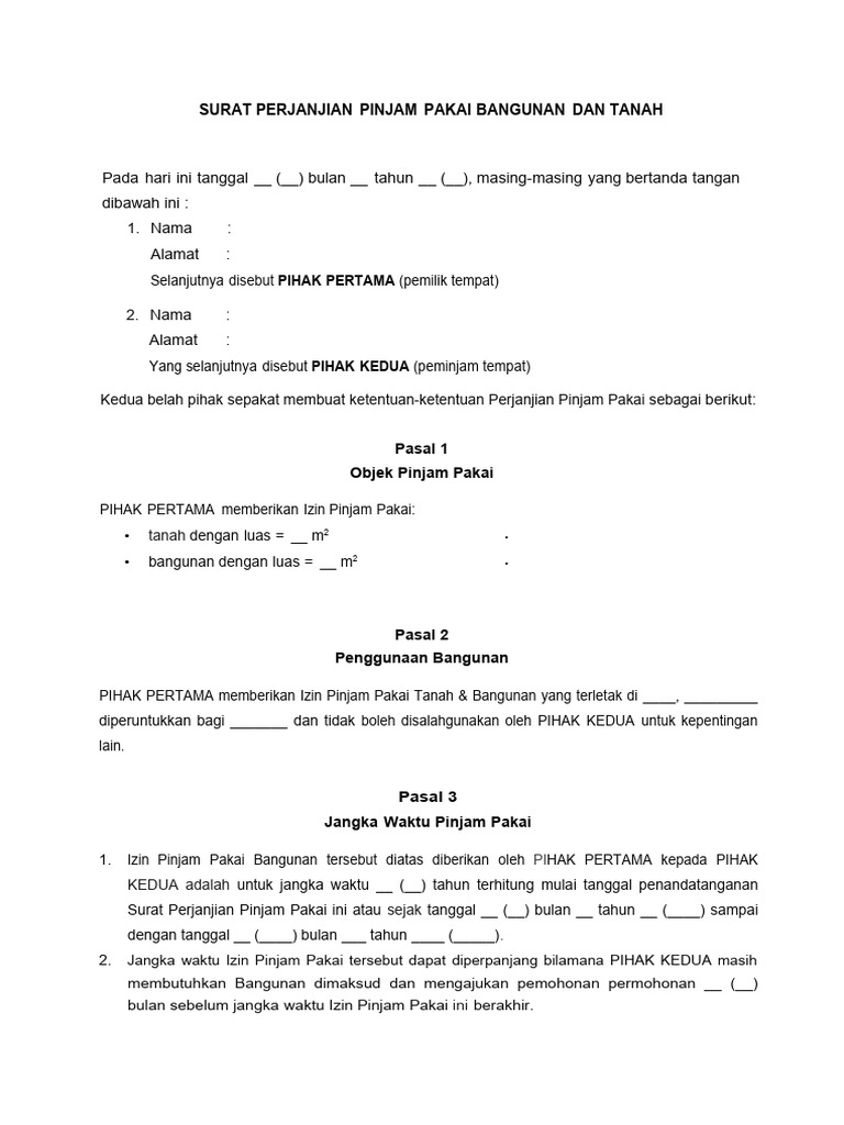 Surat Perjanjian Pinjam Pakai Bangunan Dan Tanah | PDF