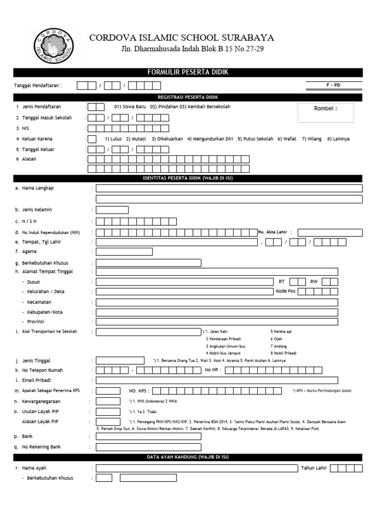 Formulir Pendaftaran Siswa Baru | PDF