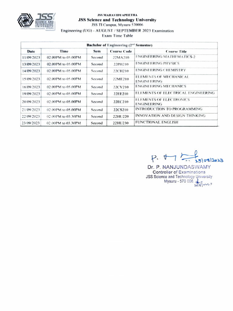 II Semester Time Table | PDF | Engineering | Science