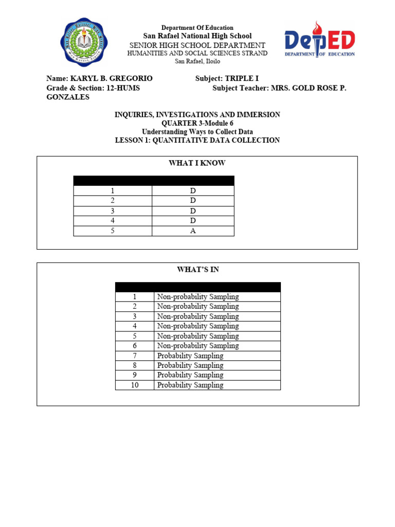 Triple I Lesson 1 M6 | PDF | Quantitative Research | Data