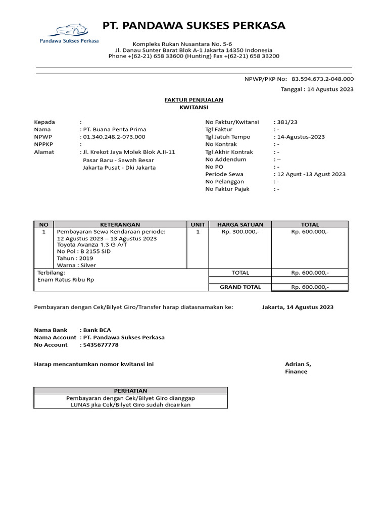 381.23 - Toyota Avanza 1.3 G A - T, PT. Buana Penta Prima B 2155 SID | PDF