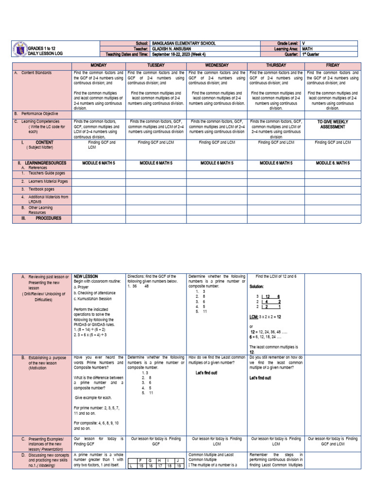 DLL Week 4 Math | PDF | Division (Mathematics) | Elementary Mathematics