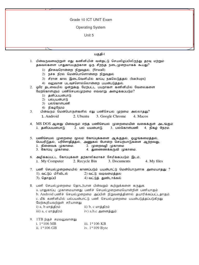 Grade 10 ICT Exam: Operating Systems | PDF | Operating System ...