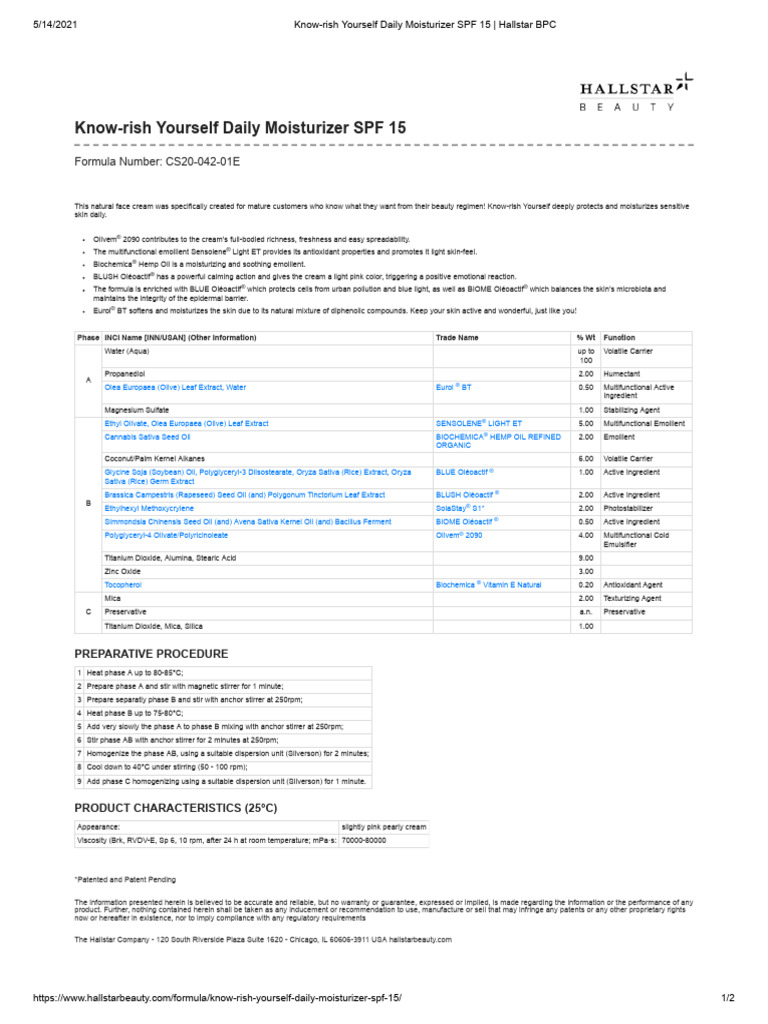 Day Cream SPF15 - Hallstar Beauty | PDF | Olive | Chemical Compounds