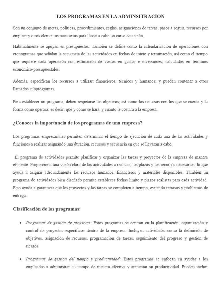 LOS PROGRAMAS (Administracion, Actividades) | PDF | Planificación | Business