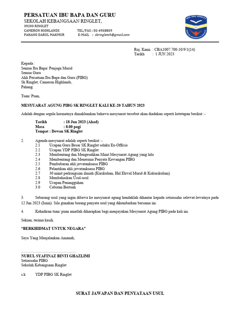 Surat Jemputan Mesyuarat PIBG 2023 | PDF