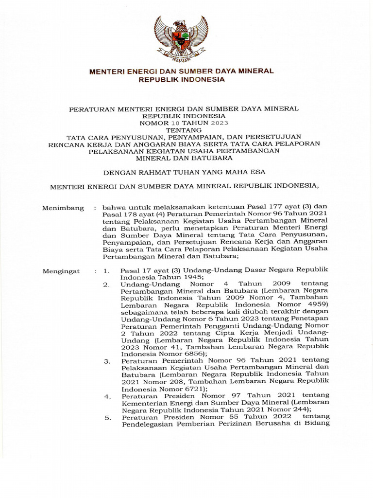 Permen ESDM No. 10 Tahun 2023 Penyampaian RKAB | PDF | Sains & Matematika | Teknologi & Rekayasa