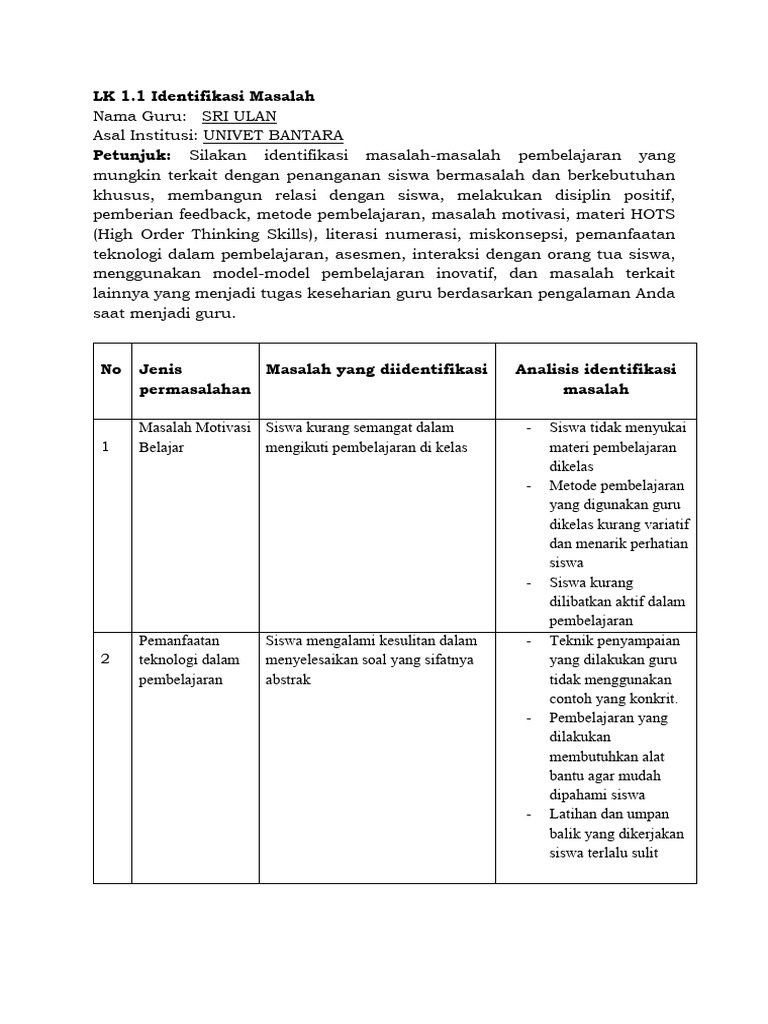 LK 1.1 Identifikasi Masalah SRI ULAN | PDF