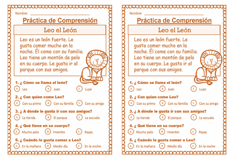Ficha de Comprension Lectora Leo El Leon | PDF