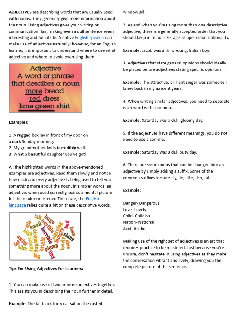 ADJECTIVES Are Describing Words That Are Usually Used With Nouns | PDF ...