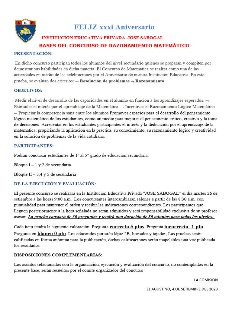 Bases Del Concurso de Razonamiento Matemático | PDF | Aprendizaje | Ciencia cognitiva