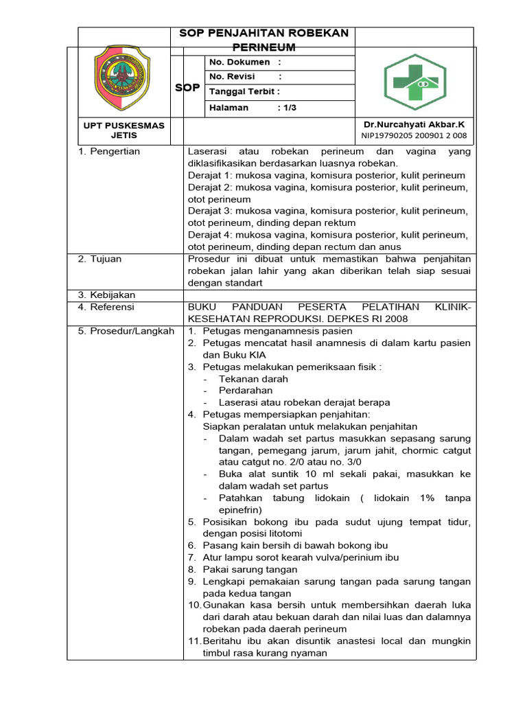 SOP Penjahitan Robekan Perineum | PDF