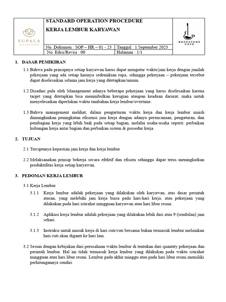 SOP Kerja Lembur Karyawan | PDF