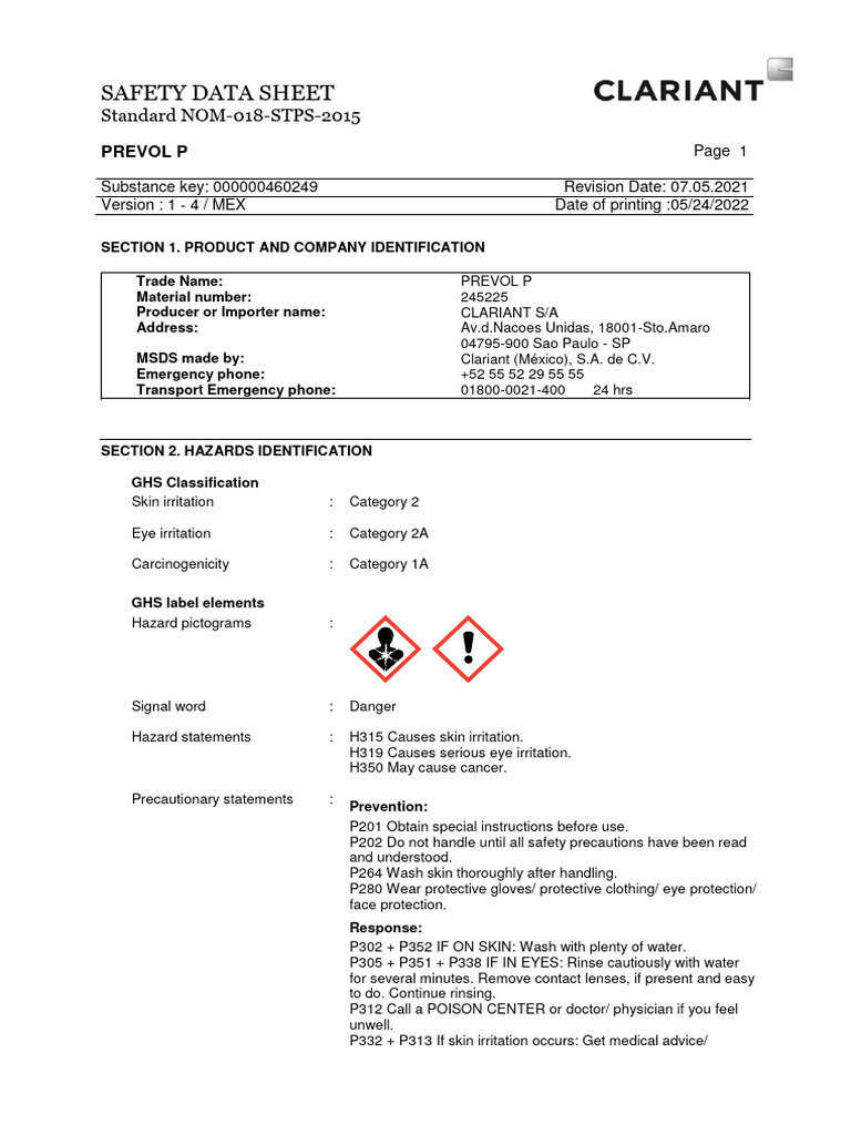 Clariant SDS PREVOL P Mexico English | PDF | Toxicity | Dangerous Goods