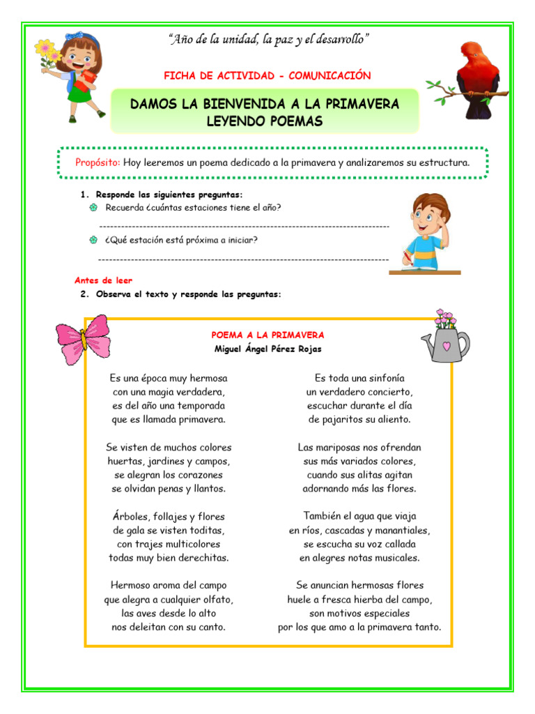 Ficha-Lun-Com-Damos La Bienvenida A La Primavera Leyendo Poemas | PDF ...