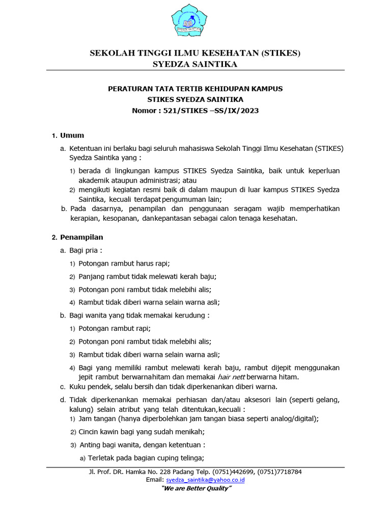 Tata Tertib Mahasiswa STIKES Syedza | PDF