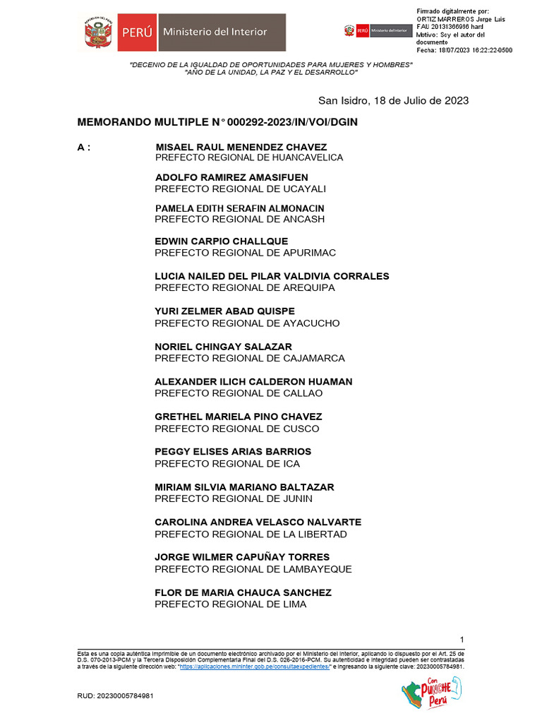 Memorando Multiple 000292-2023 - in - Voi - Dgin - Prefectos Sobre Acciones | PDF