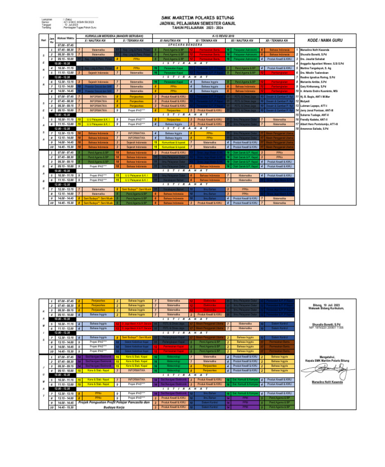 Revisi 2 - Lampiran 2 Jadwal Pelajaran Polaris Semester Ganjil TP 2023-2024 | PDF