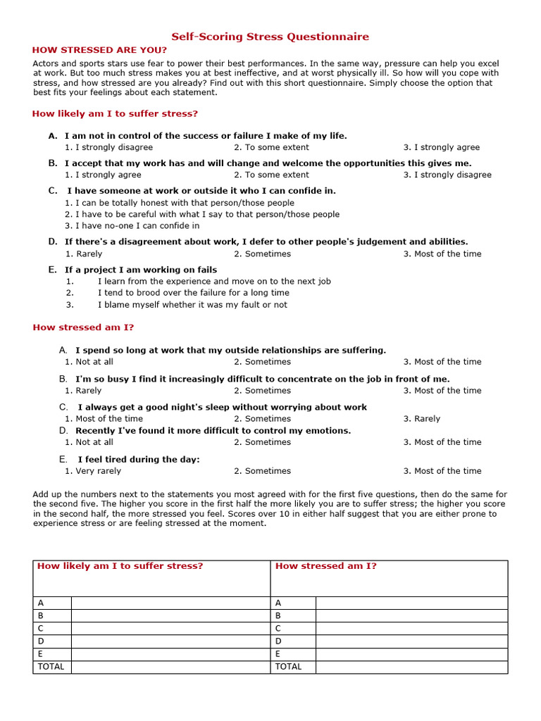 Self-Scoring Stress Assessment Questionnaire Template | PDF ...