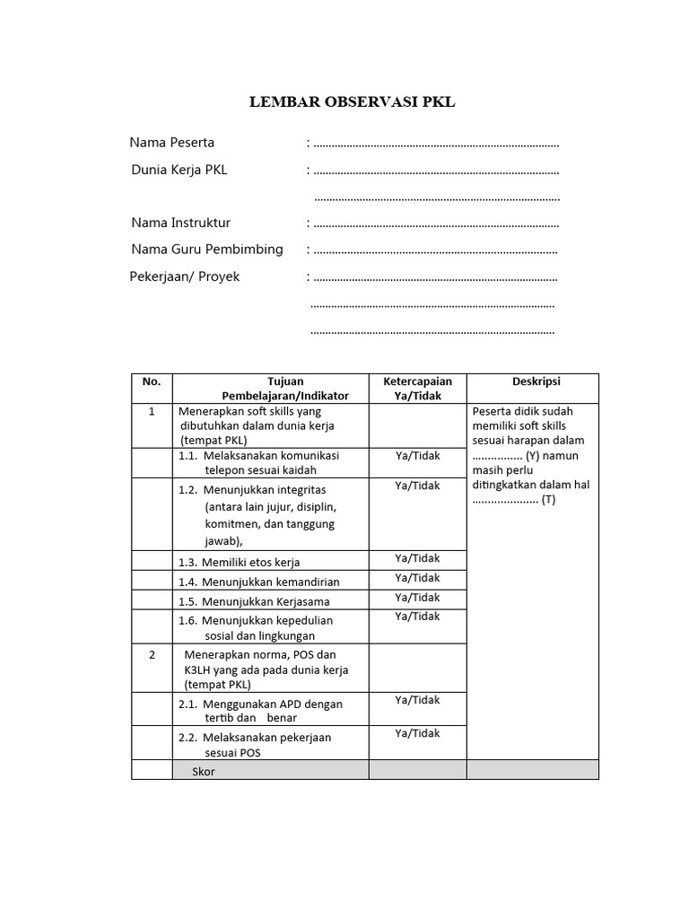 Lembar Observasi PKL Teknik Mesin | PDF | Komputer