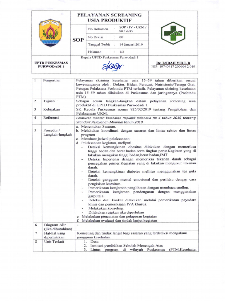 SOP Skrining Kesehatan Usia Produktif | PDF | Kesehatan Holistik