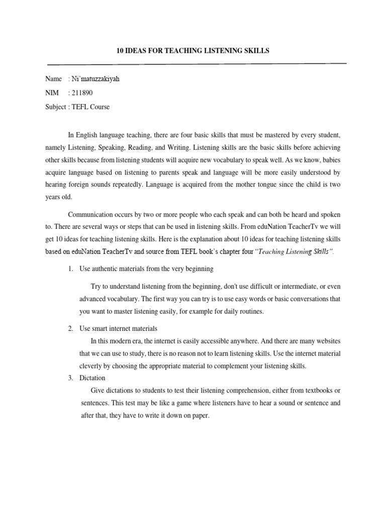 10 Ideas For Teaching Listening Skills Pdf Vocabulary Language