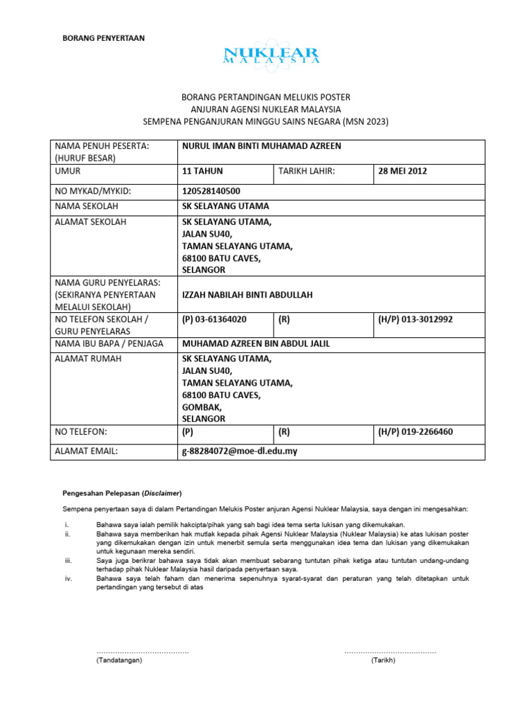 Borang Pertandingan Melukis Poster | PDF