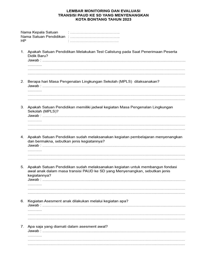 Lembar Monitoring Dan Evaluasi Transisi Paud Ke SD | PDF