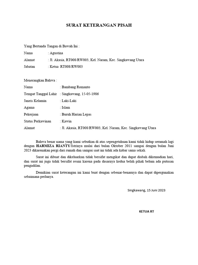 Contoh SURAT KETERANGAN PISAH | PDF