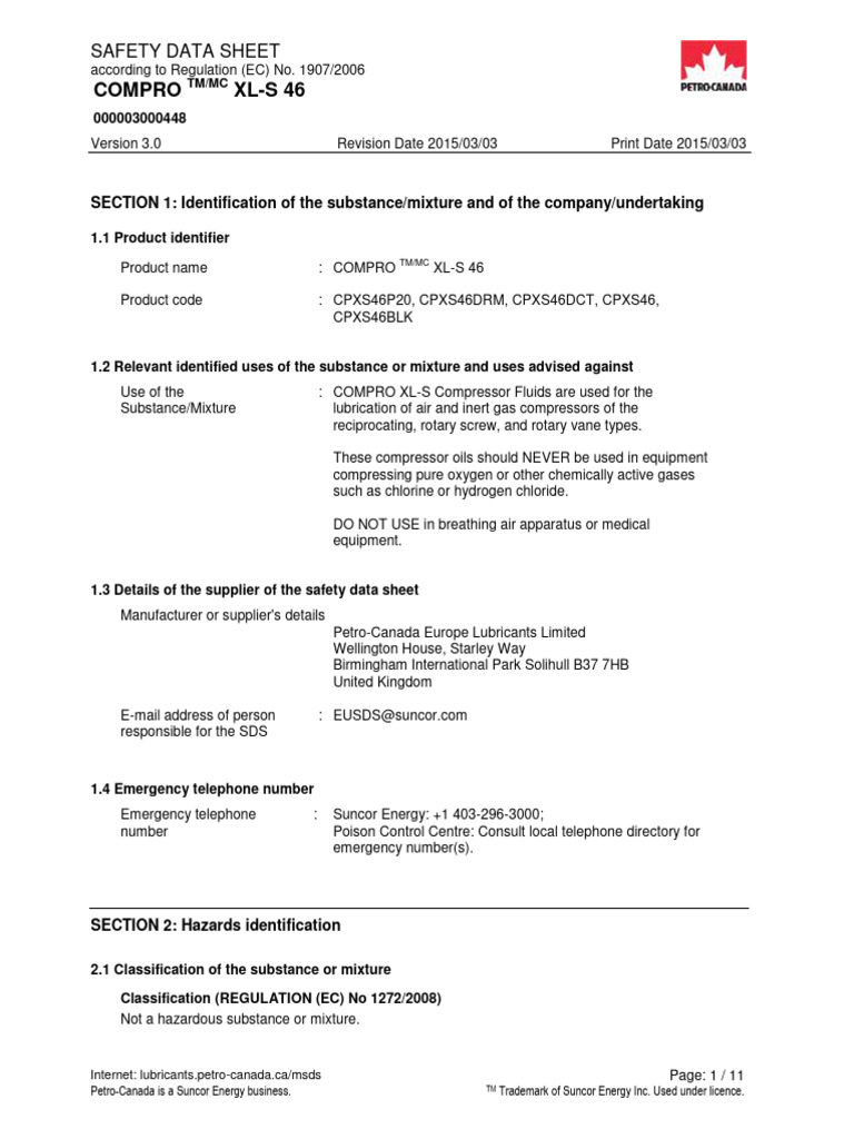 MSDS Compro XL-S Compressor Fluid 46 | PDF