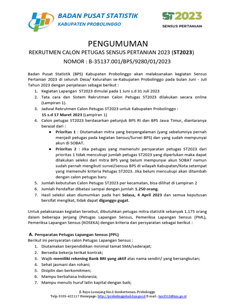 Surat Pengumuman Rekrutmen ST2023 BPS Kab Probolinggo Ok | PDF | Pengelolaan Keuangan & Uang