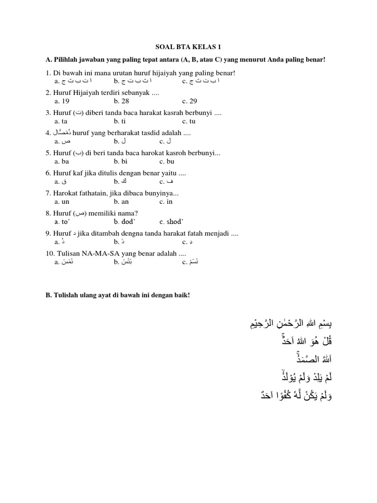 Soal Bta Kelas 1 | PDF