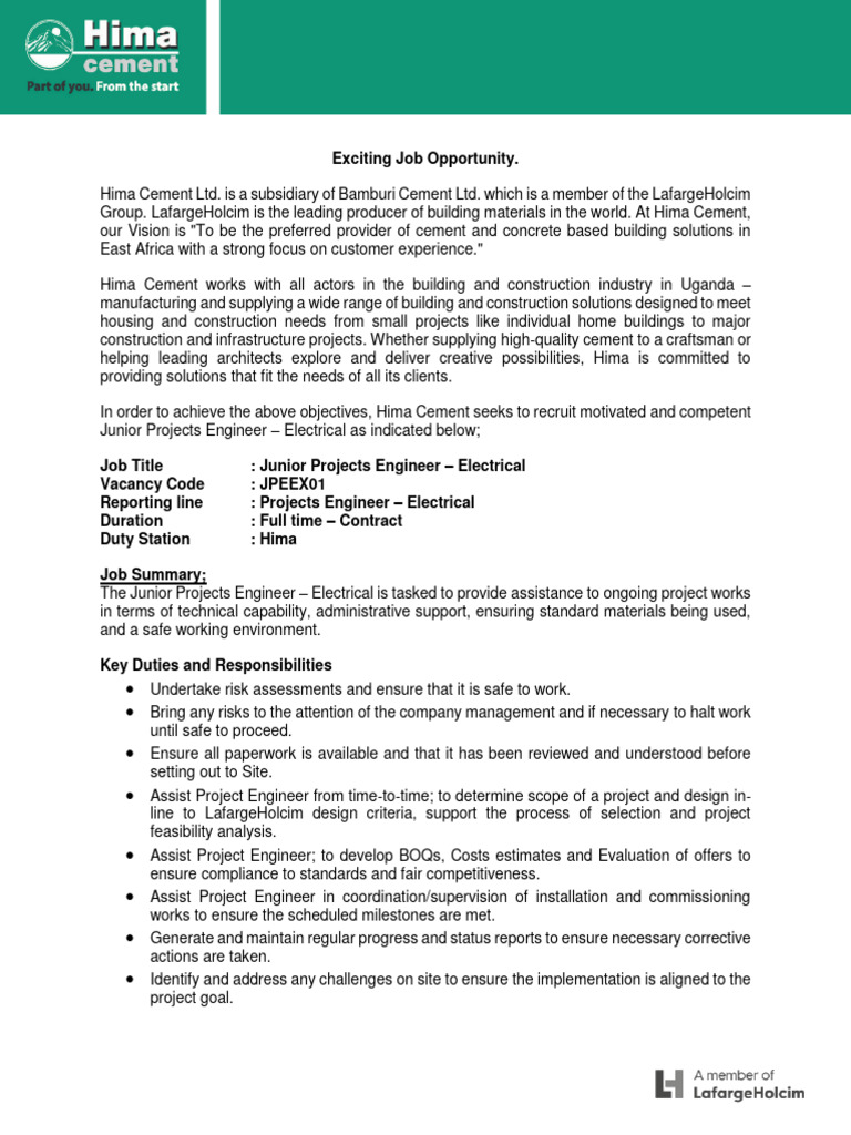 Job Advert Junior Projects Engineer - Electrical | PDF | Project ...